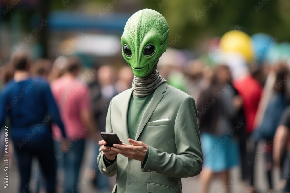 A mysterious figure cloaked in green stands in the street, captivating ...