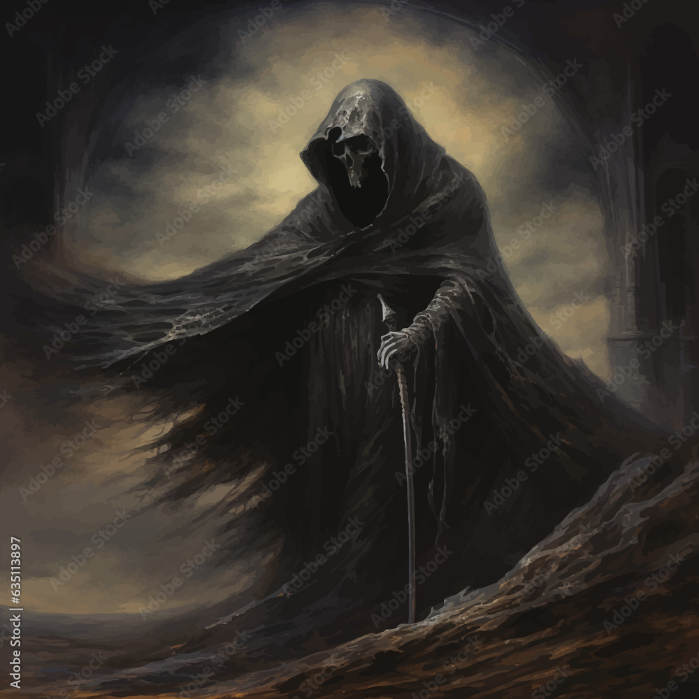 Death in black cloak. Death in black clothes with black hood. Grim ...