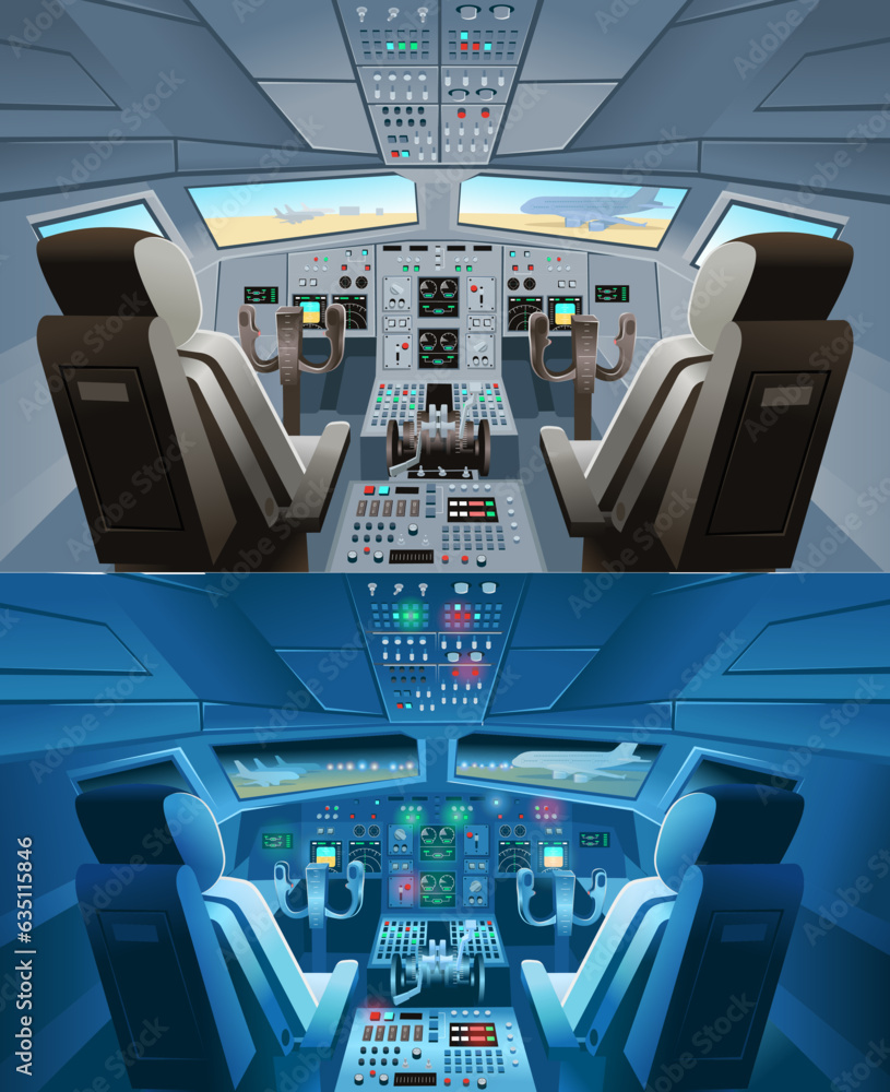 Set of cockpit day and night. Airplane cockpit view with panel buttons ...