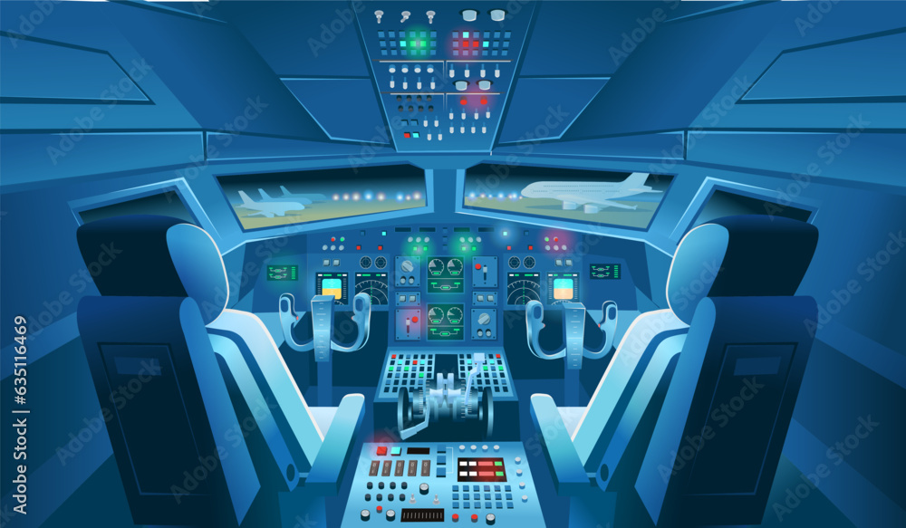 Airplane cockpit view with panel buttons, dashboard control and pilot's ...