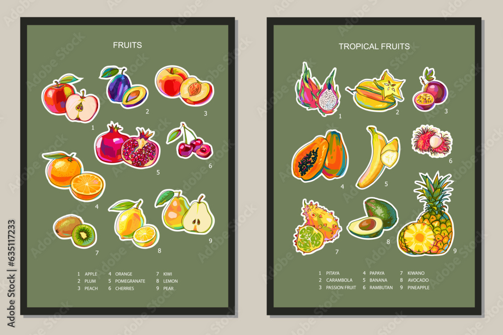 Set of posters with fruits. Tropical fruits. Fruits stickers. Wall art ...