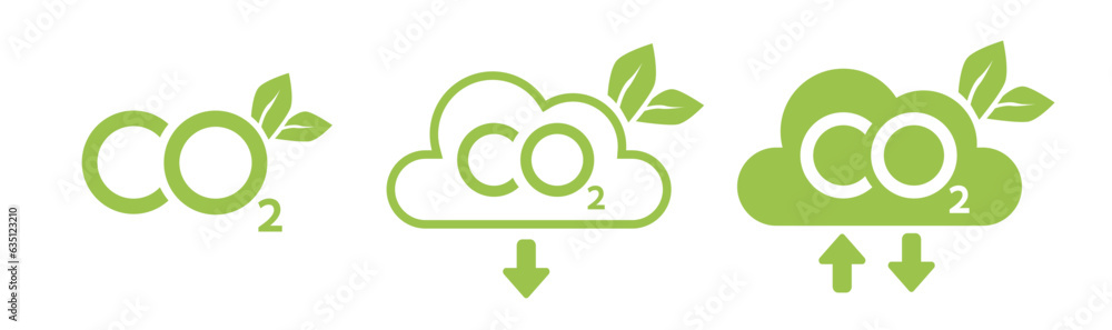 CO2 emission reduction neutrality concept icon set. Cloud shape banners with zero footprint, CO2 ...