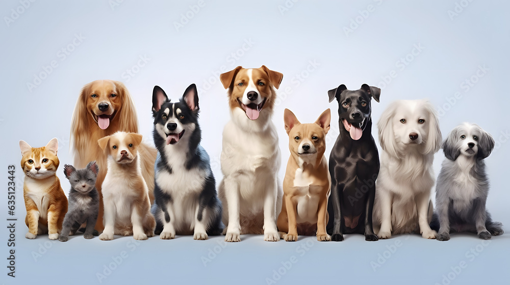 Group portrait of dogs of various shapes, sizes, and breeds. Stray pets ...