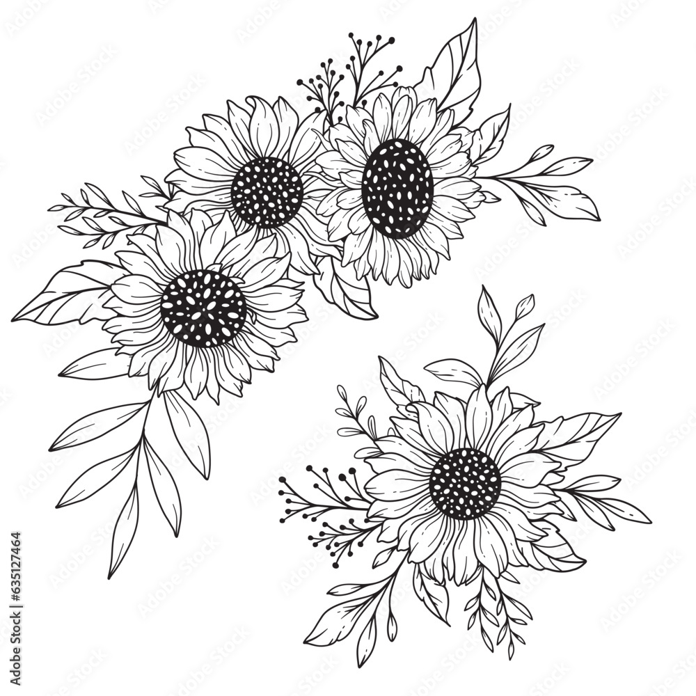 Sunflowers Line Art, Fine Line Sunflower Bouquets Hand Drawn ...