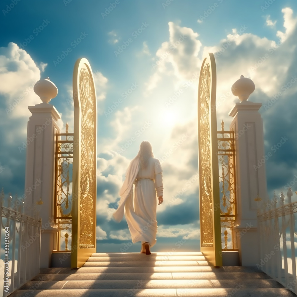 Jesus Christ stands at the beautiful gates of heaven, watching the ...