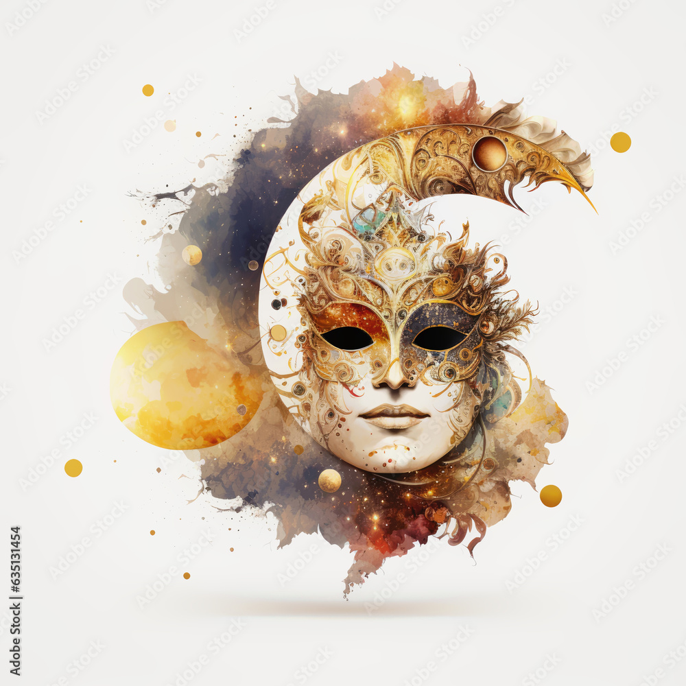 Venetian Carnival Mask. Crescent Moon mask. Beautiful Fantastic Golden ...