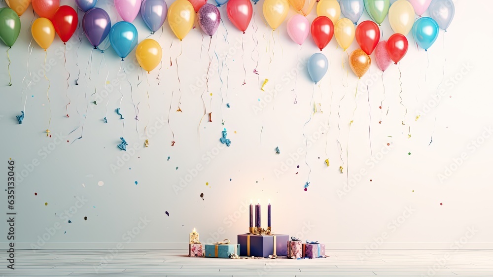 Birthday celebration with balloons, candles and gifts in a white room ...