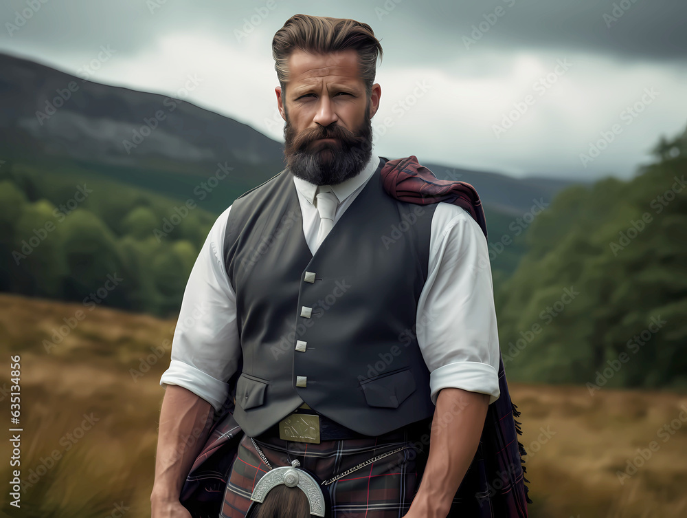 Bearded handsome man in a kilt in the Scottish countryside. Sexy scot ...