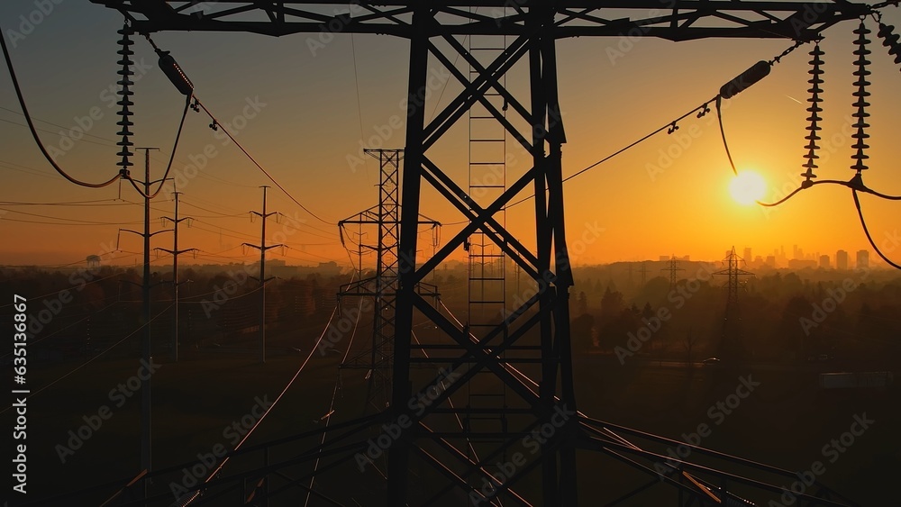 High voltage electricity pylon at golden hour background. International ...