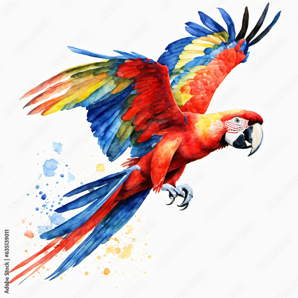 Beautiful watercolor Scarlet Macaw wing spread flying Stock ...