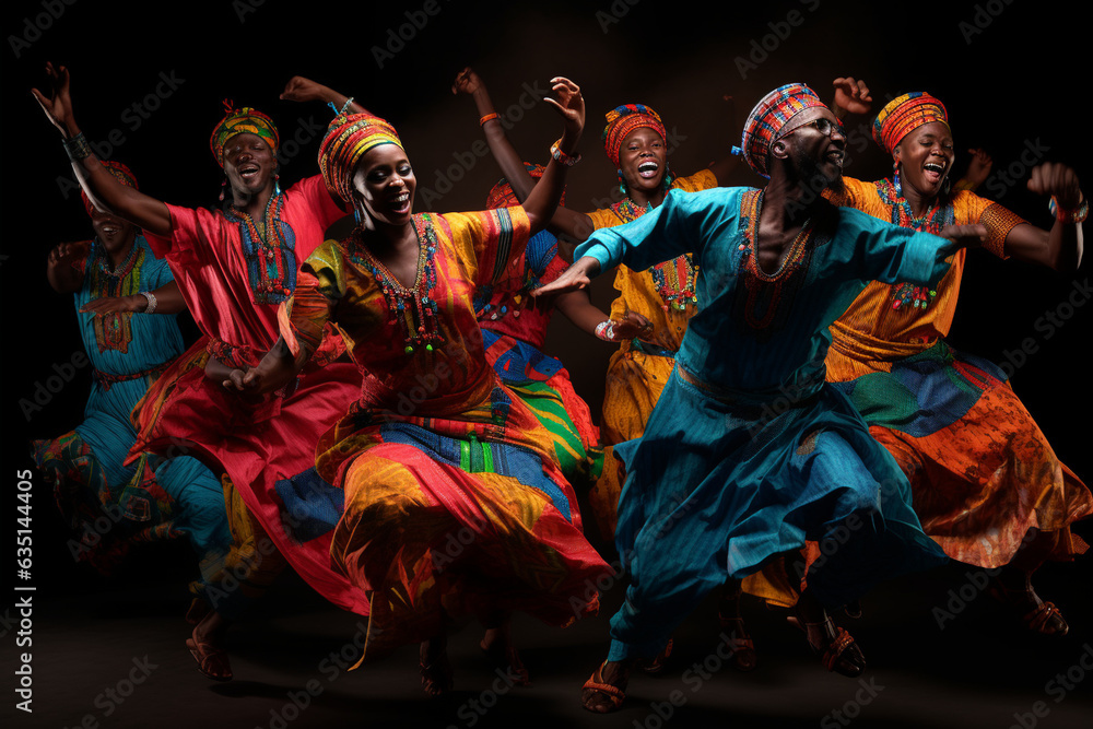 The spirited dance of a group of performers dressed in vibrant African ...