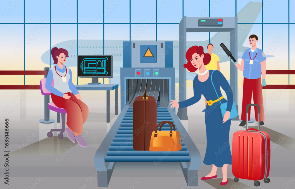 X-ray conveyor scanner for baggage with frame, travel bags and people in airport. Woman removes ...