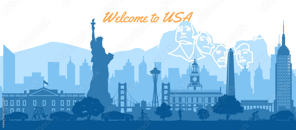 usa famous landmarks silhouette style with blue and white color,vector ...