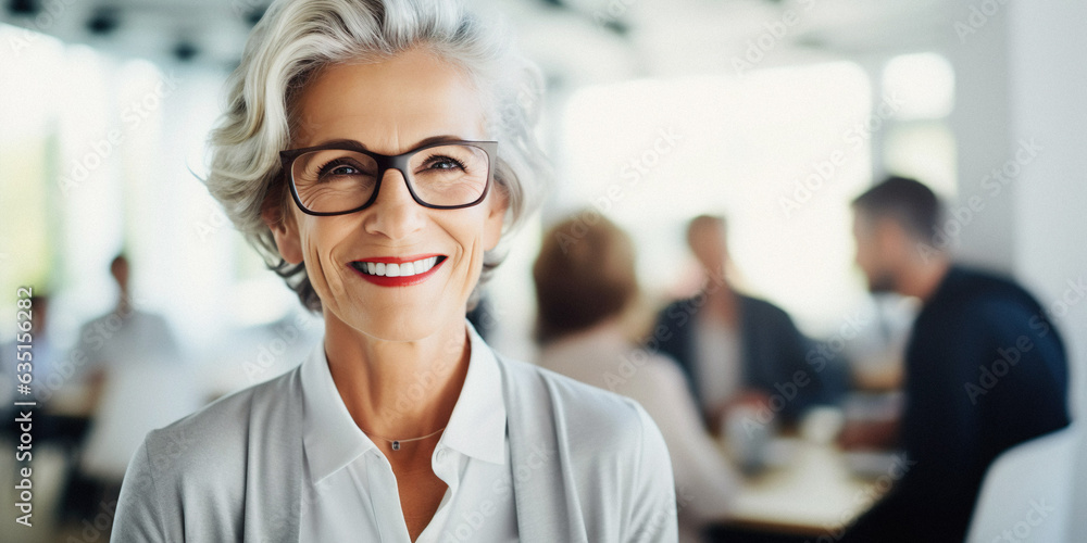 Silver Entrepreneur. A senior woman leading a modern office meeting ...