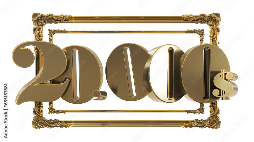 3D render of gold 20000 dollars on a golden frame isolated on ...