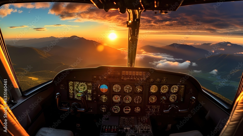 Male pilot at work of private jet. Cloudy sky and sunset view from the ...