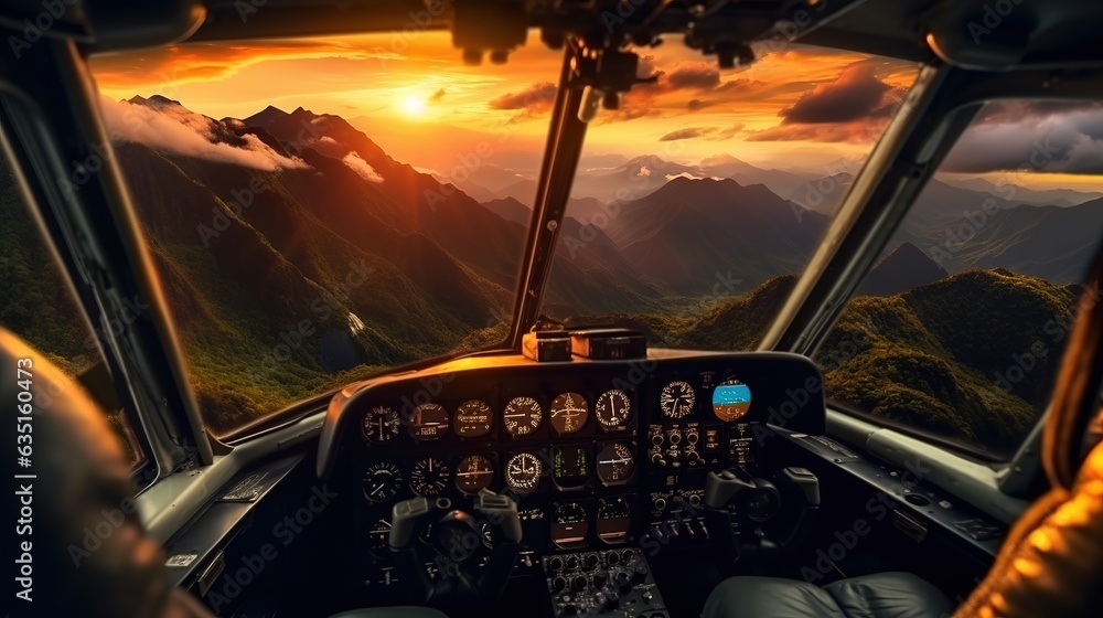 Male pilot at work of private jet. Cloudy sky and sunset view from the ...