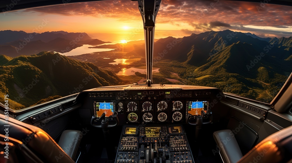 Male pilot at work of private jet. Cloudy sky and sunset view from the ...