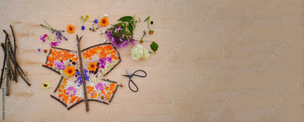 Banner with butterfly made from flowers, easy nature craft for kids ...