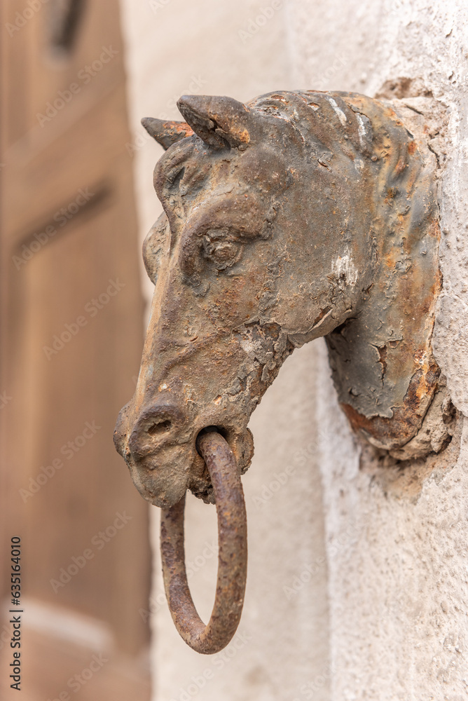Old rusty horse's head with a ring for tying horses in a backyard ...