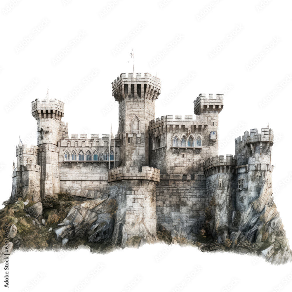 a castle with square turrets in a Medieval-themed, photorealistic ...