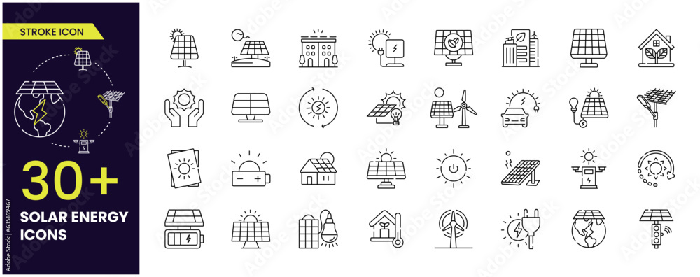 Solar panel stroke icon set with sun power home systems and renewable ...
