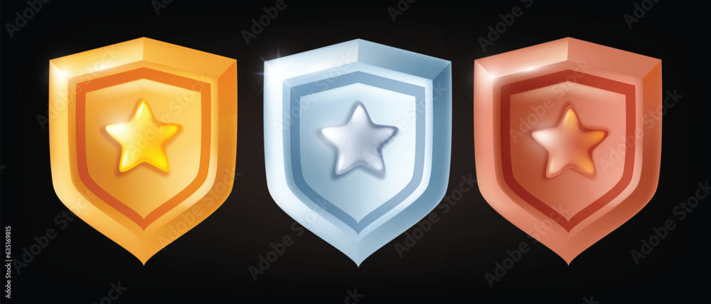 3D game badge kit, vector level up UI medal set, ranking golden shield ...