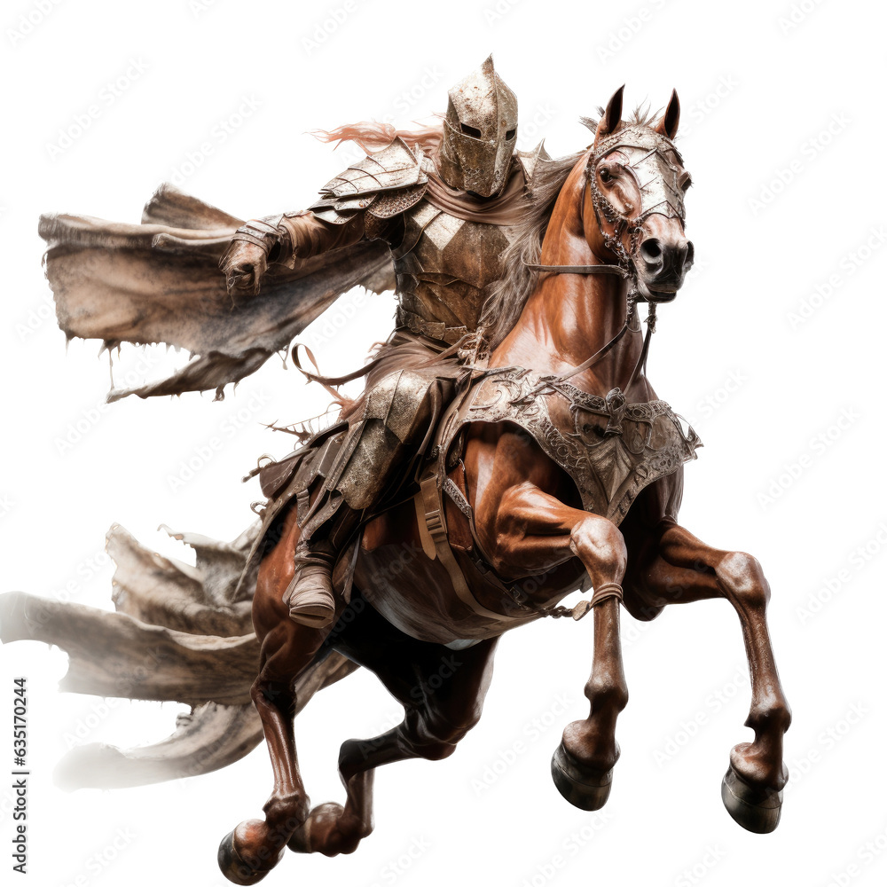 a Knight in armor on a sorrel rust-colored horse in motion in a ...