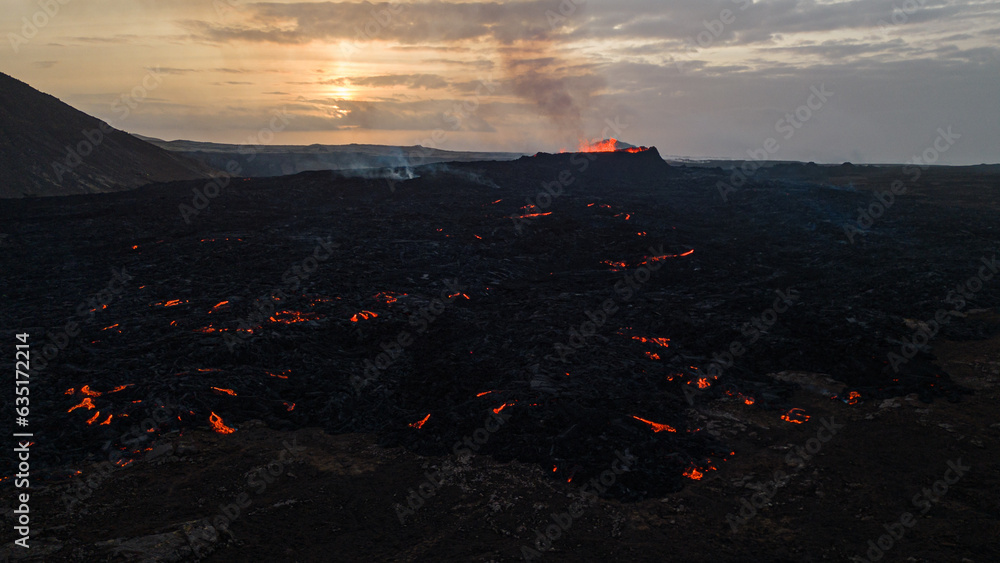 Volcanic eruptions, still hot and lava spewing from the crater Some of ...