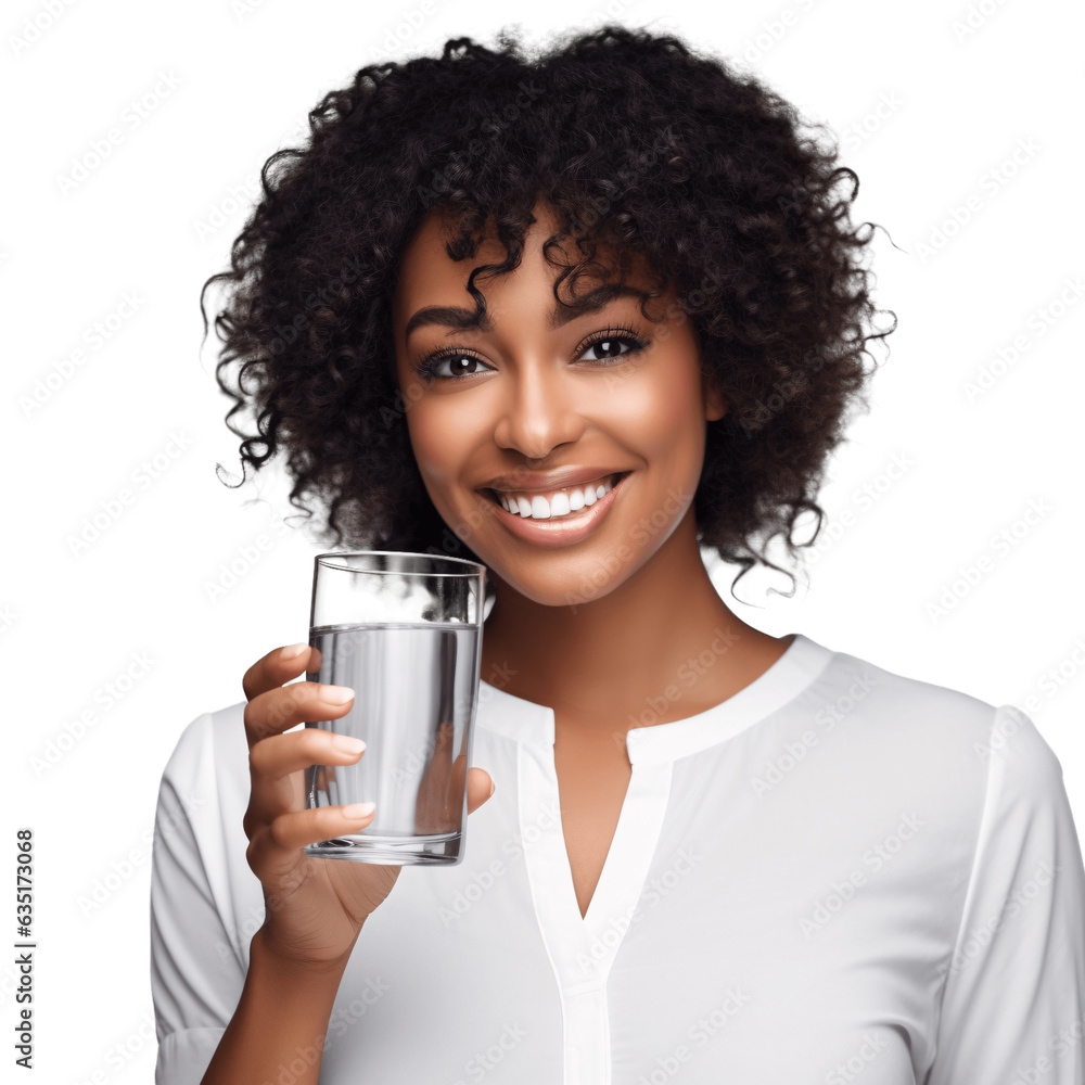 Beautiful black woman holding a big glass of water. Isolated on ...