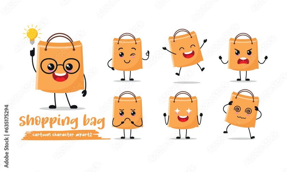 cute shopping bag cartoon with many expressions. paper bag different ...