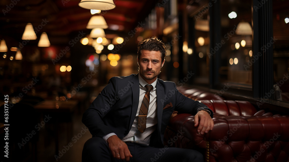 A handsome gentleman wearing a suit sitting relaxed in a dark room ...