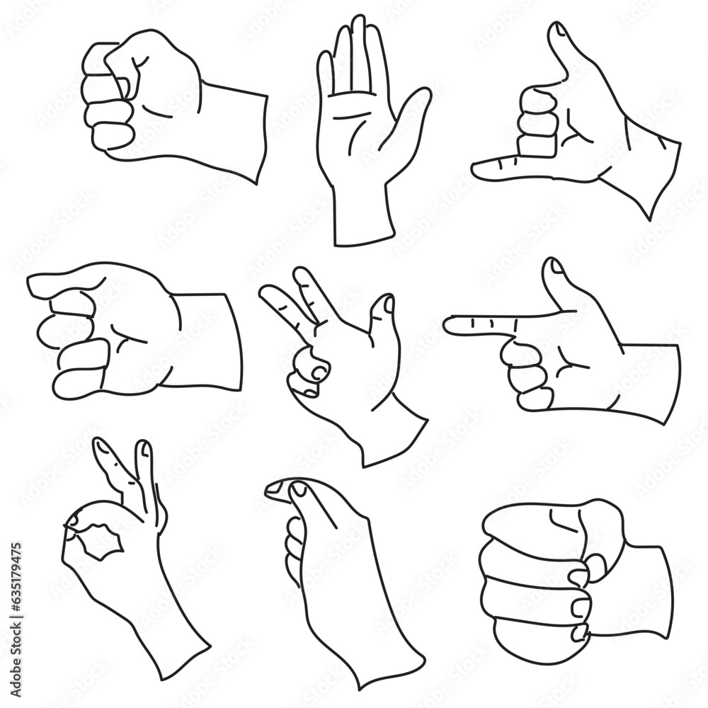 Hands poses. Female hand holding and pointing gestures, fingers crossed, fist, peace and thumb ...