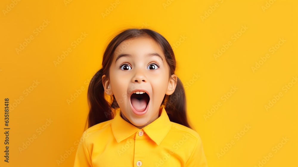 Portrait of happy excited amazed open mouth kid child girl look in ...
