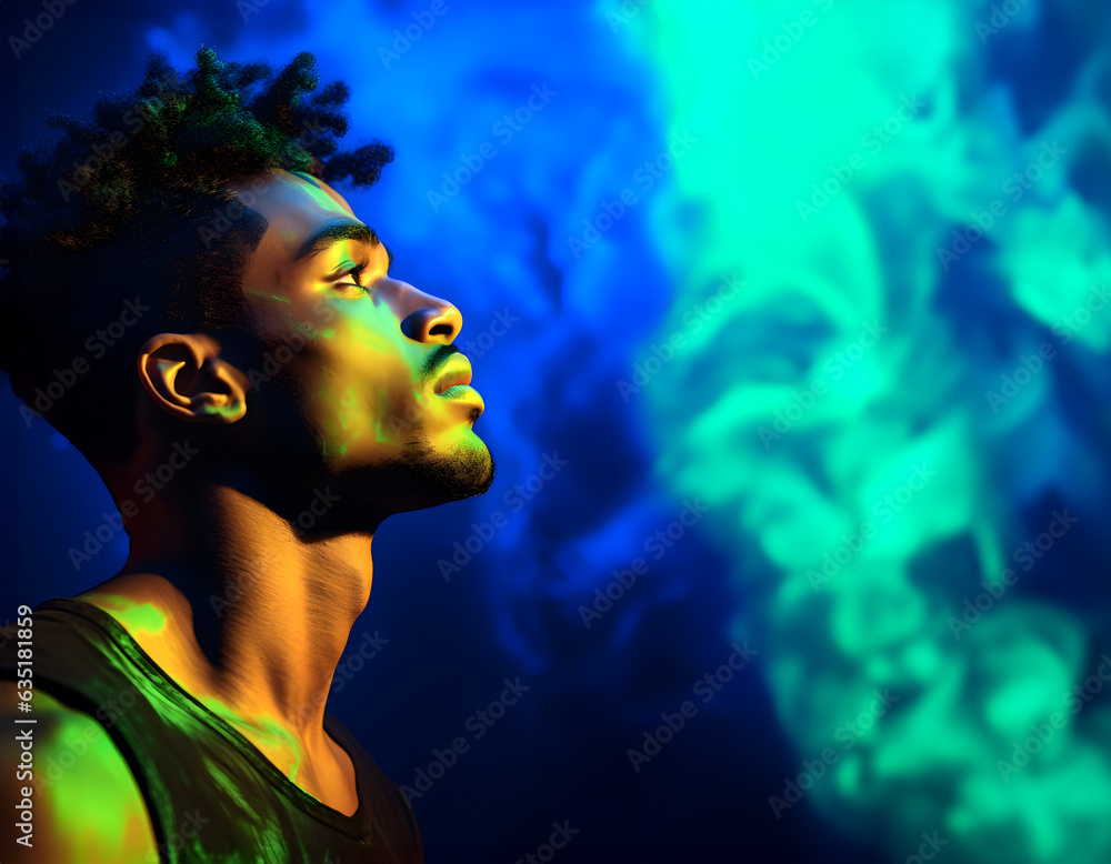Fashion Concept. Closeup portrait of stunning side profile man in neon ...