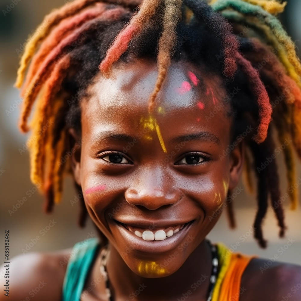 Young dark-skinned African woman with rainbow hair looks and smiles ...