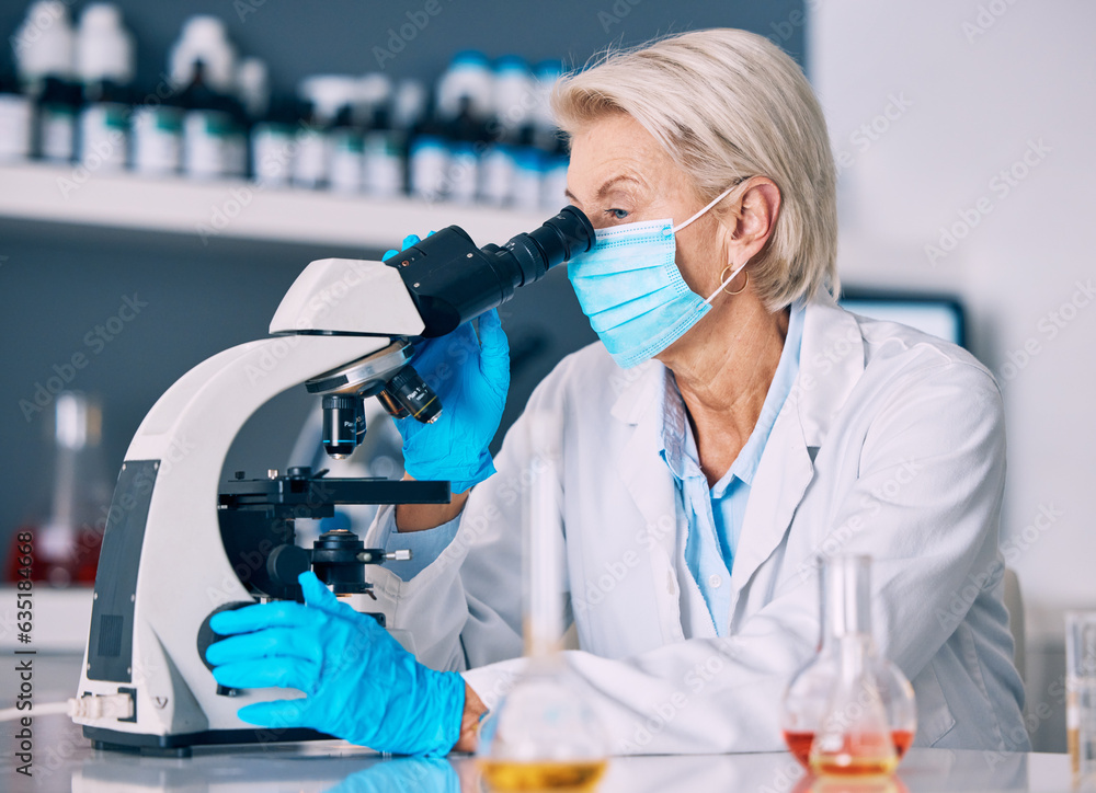 Microscope, senior woman and science research with testing for a ...