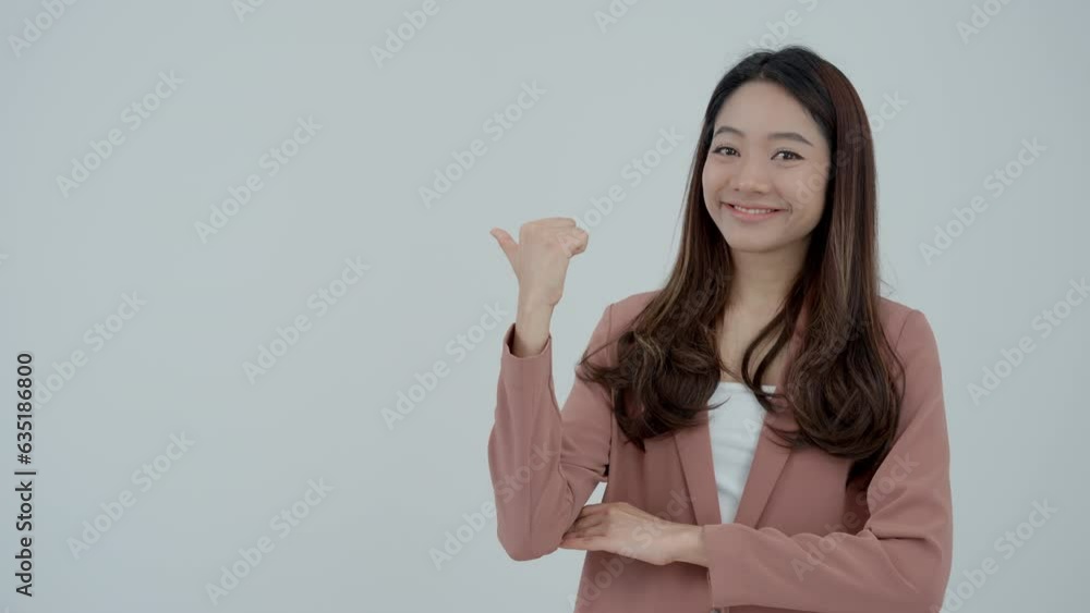 Portrait asian beautiful girl pointing blank space isolated background ...