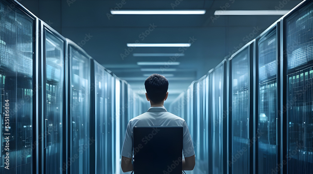 IT Engineer in big database server center office. Big cloud data center ...