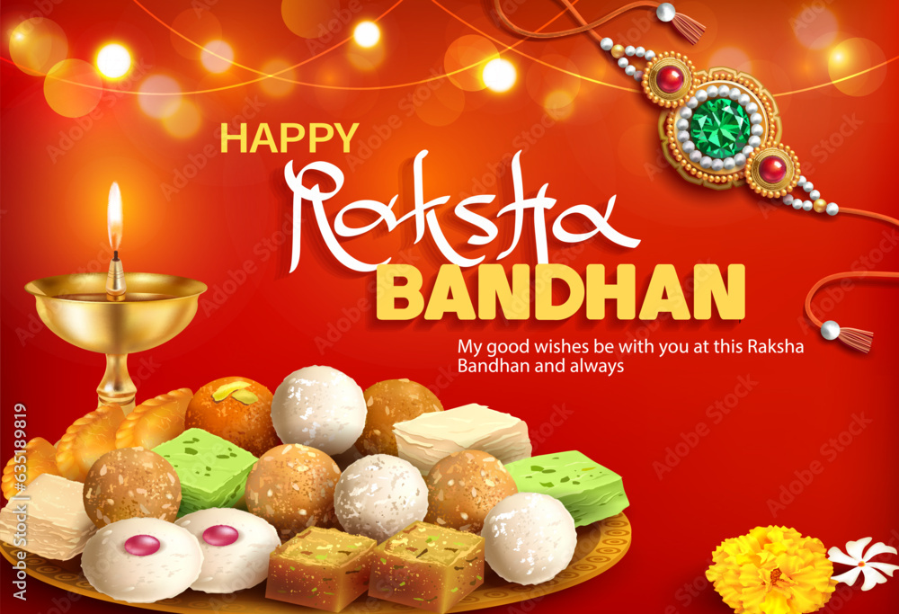 Greeting card with rakhi (bracelet) and traditional sweets (laddu ...