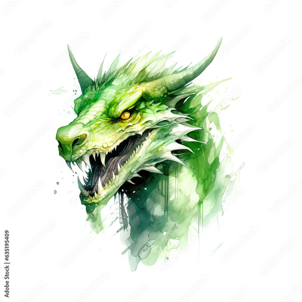 Green dragon painted with watercolors. Symbol of the new 2024 year ...