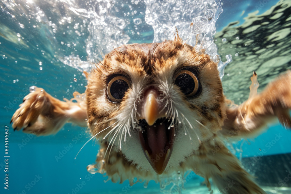 surprised owl, underwater view. owl snorkling. ai generated. Stock Photo | Adobe Stock