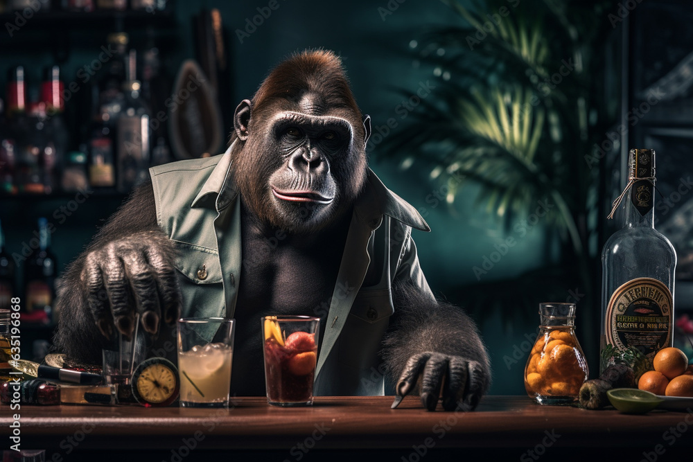 Gorilla bartender standing behind the bar in a pub. Stock Photo | Adobe ...
