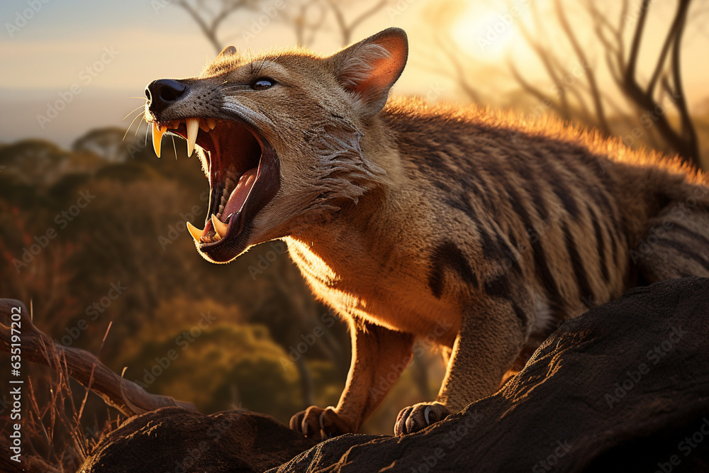 The Tasmanian tiger, thylacine, stands on a mountain at sunset and ...
