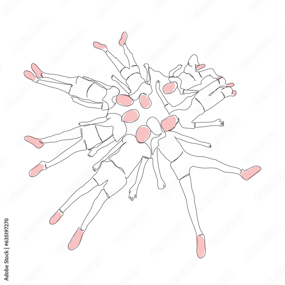 Happy children continuous line drawing. children of different ages lie ...