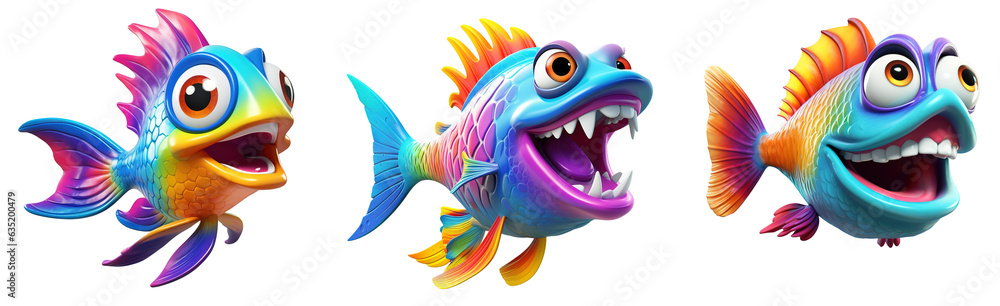 Group of puffer fish, cute, orange, swimming 3D render character ...