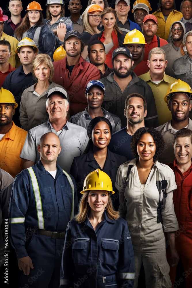 A collage of people, portraits of workers in work uniforms. AI ...