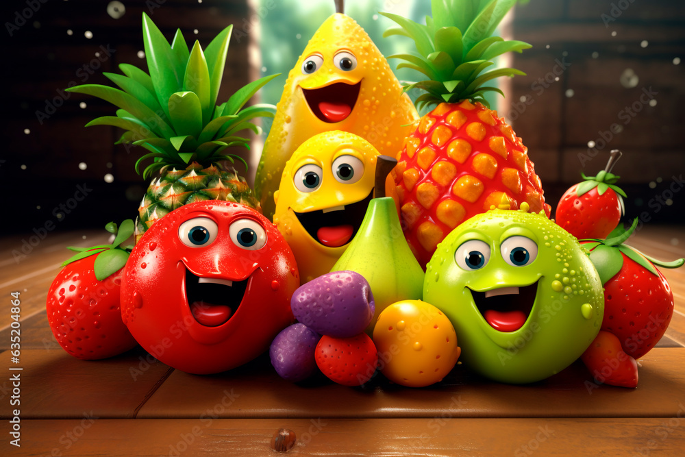 Funny fruits. Generative AI. Pineapple, strawberry, lemon, berries ...