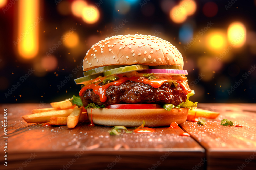 Burger party. Generative AI. Burger day. Appetizing hamburger on wooden ...