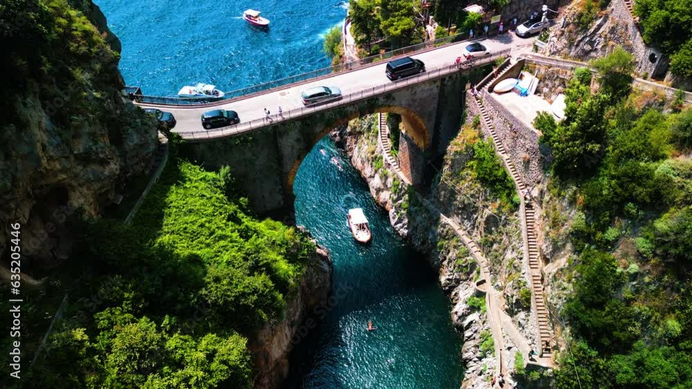 Aerial drone view of Fjord of Furore. The azure waters, cliffs and ...